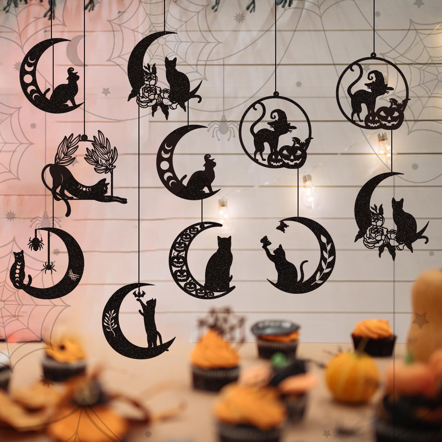 Cheerdecor Gothic Witch Halloween Decorations - 24PCS Black Halloween Party Decorations Witch Moon Cats Spider Halloween Baby Shower Birthday Party Wedding Decorations Chic House Indoor Hanging Decor
