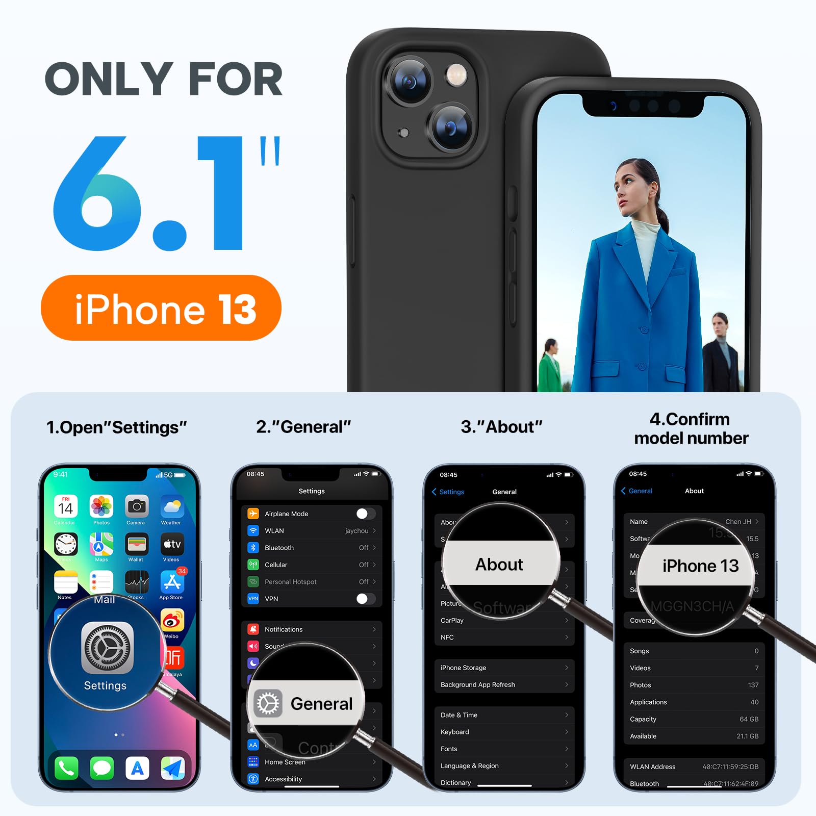 Miracase Designed for iPhone 13 Case, with Tempered Glass Screen Protector, [Soft Anti-Scratch Microfiber Lining], Shockproof Liquid Silicone Rubber Phone Cover Case for 13 6.1 inch(Black)