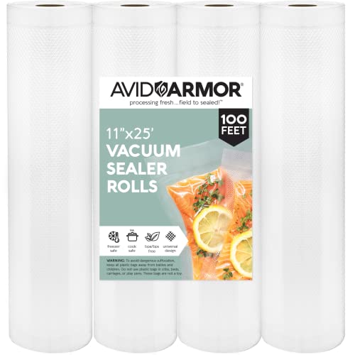 Avid Armor Vacuum Sealer Bags Rolls 4 Pack 11" x 25' Rolls for Foodsaver, Seal a Meal Vacuum Sealer Machines BPA Free Heavy Duty for Sous Vide or Meal Prep Fits Inside Storage Compartment Total 100 Feet Length