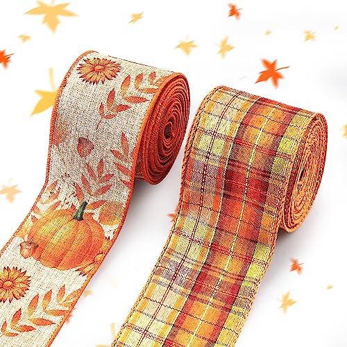 Threetols 2 Rolls 10 Yards Fall Wired Edge Ribbons, 2.5inch Orange Plaid Burlap Ribbons, Autumn Leaves Pumpkin Ribbon for Thanksgiving Party DIY Craft Fall Wreath Bow Decor