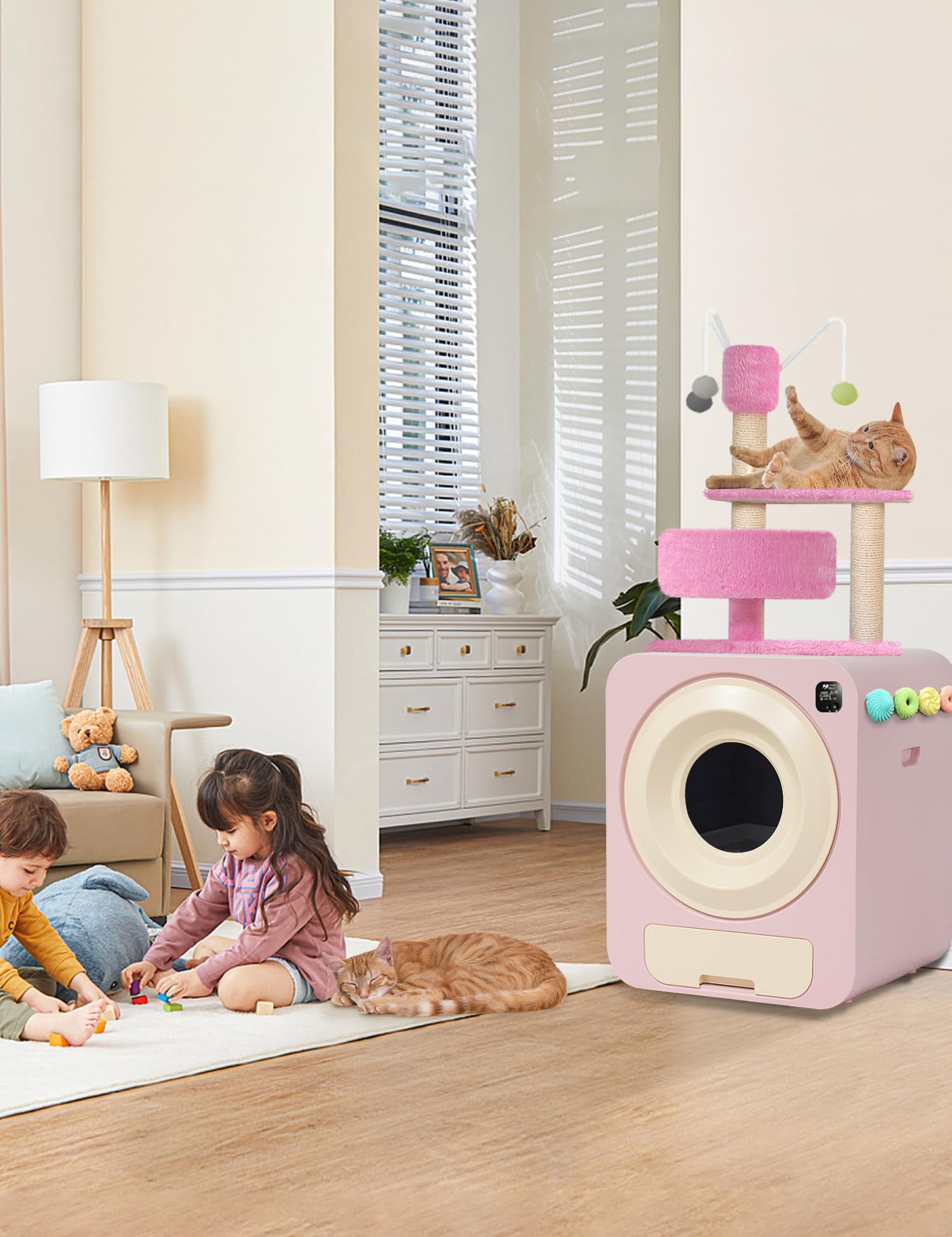 Self Cleaning Cat Litter Box with Cat Tree Scratching Post, Automatic Cat Litter Box for Multiple Cats with APP Control Odor Removal Integrated Safety Protection Smart Robort Pink