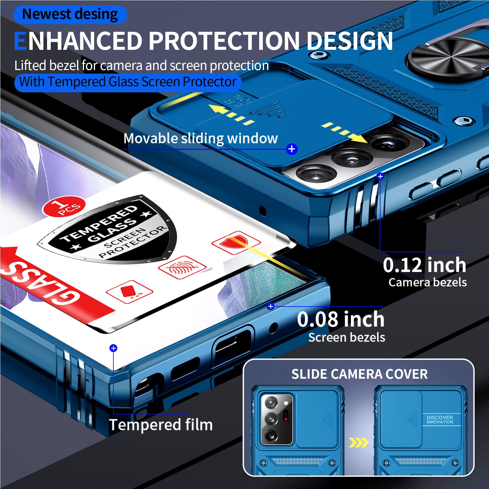 IYTRRYH for Samsung Galaxy Note 20 Ultra Case with Glass Screen Protector,with Magnetic Kickstand Ring&Camera Cover Military Grade Drop Shockproof Heavy Duty Protection Galaxy Note 20 Ultra Case Blue