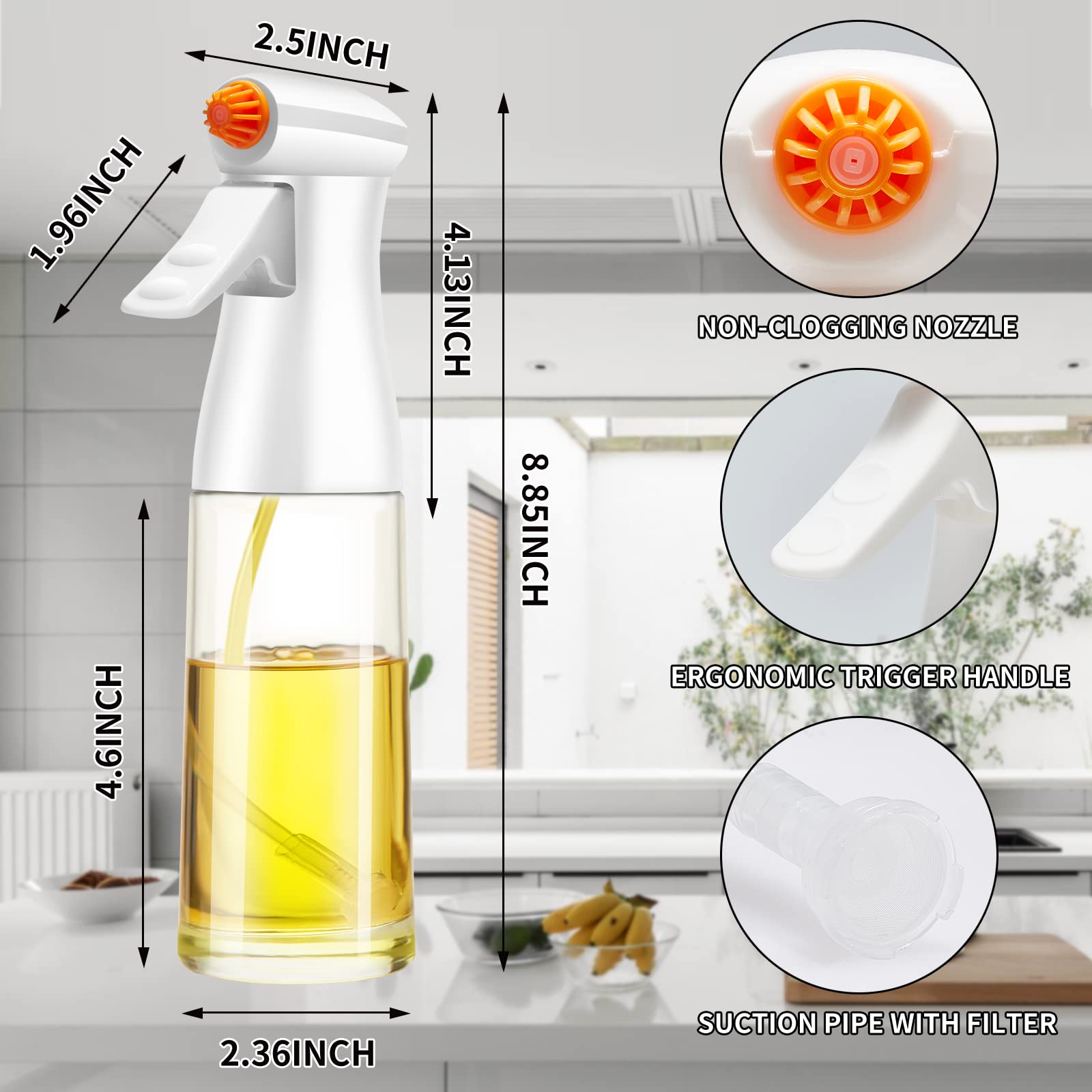Oil Sprayer for Cooking, 200ml Glass Oil Spray Bottle for Kitchen, Olive Oil Sprayer, Oil Mister Spray Bottles, Kitchen Gadgets for Air Fryer Accessories, Olive Oil Dispenser for Baking, Salad, Bbq