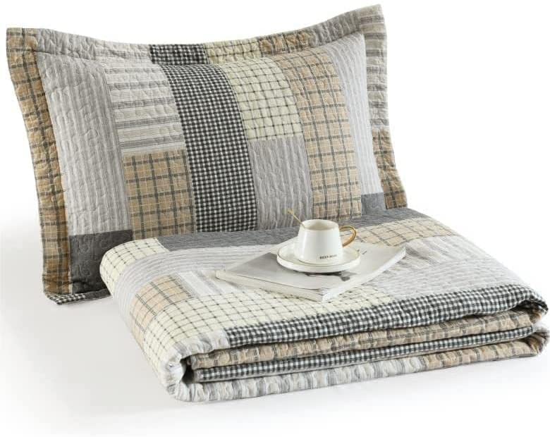 Cinefoso Queen Size Quilt, Patchwork Plaid Quilt Set Queen Size 100% Cotton Farmhouse Plaid Bedspread Lightweight & Reversible Quilt Bedding Set All-Season 3-Pieces