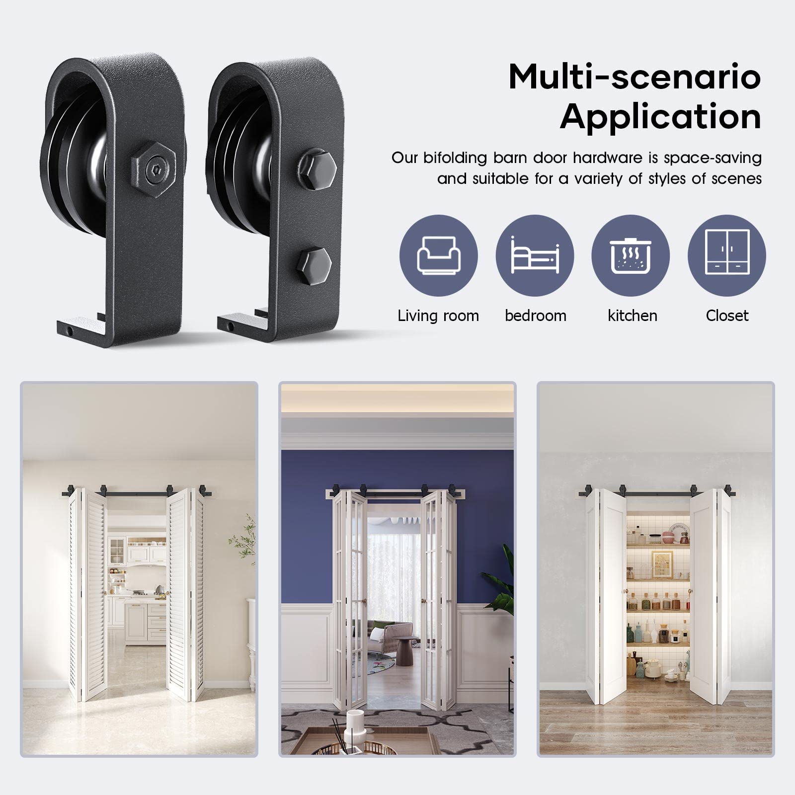 FINOSEN 28 inch Bifold Barn Door Hardware Track Kit for Two 12 inch Closet Doors,Top Mount Sliding System,Heavy Duty Roller,Smoothly and Quietly,Black(Bifold Door Not Included)