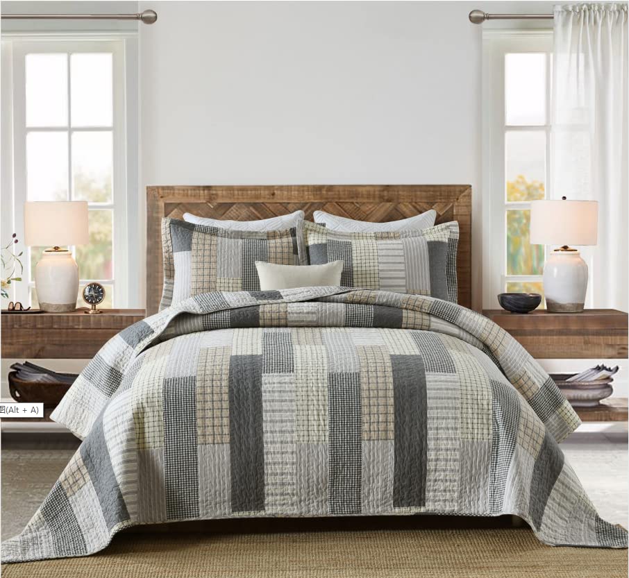 Cinefoso Queen Size Quilt, Patchwork Plaid Quilt Set Queen Size 100% Cotton Farmhouse Plaid Bedspread Lightweight & Reversible Quilt Bedding Set All-Season 3-Pieces