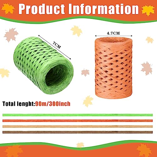 4 Roll Raffia Ribbon 1200 Feet Raffia Paper Ribbon Christmas Thanksgiving Gift for Gift Wrapping, DIY Craft, 300 Feet Each Roll(Green, Orange, Deep Brown, Light Brown)