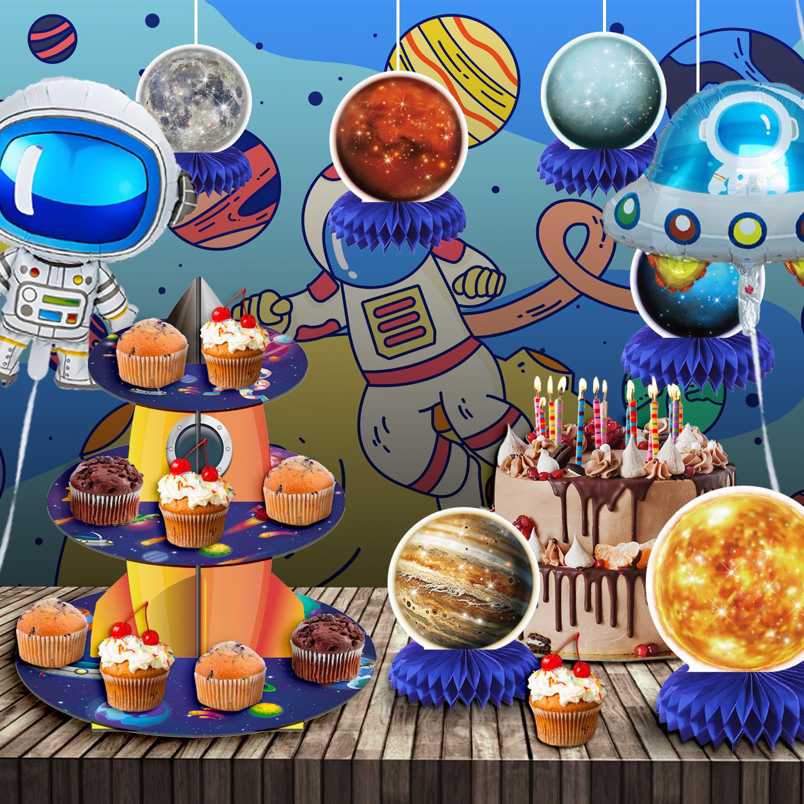 Ayearparty 3 Tier Space Cupcake Stand Astronaut Rocket Outer Space Party Table Decorations Cardboard Cup Cake Holder Solar System Themed Party Supplies for Kids Boys Birthday Baby Shower
