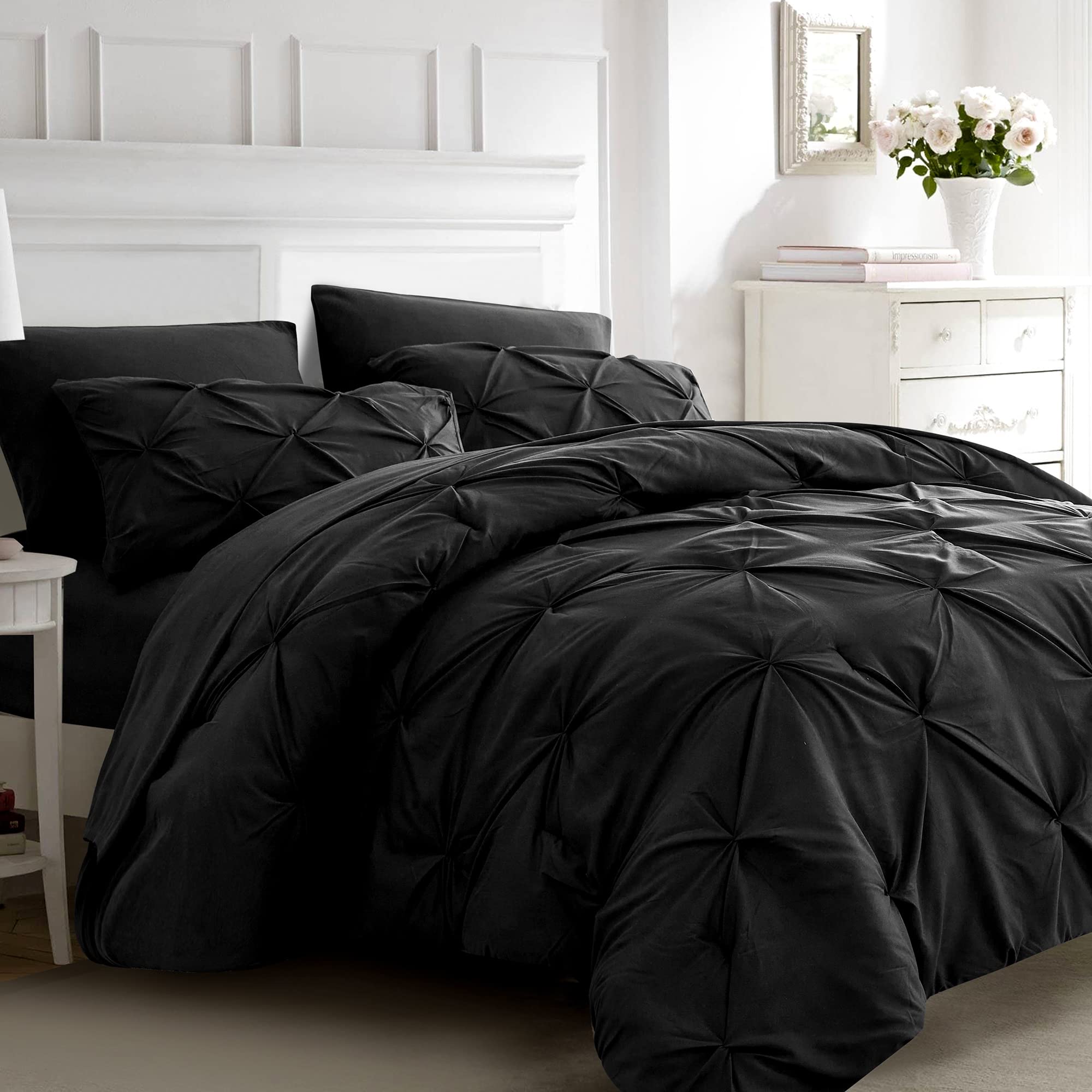 Ubauba 7 Piece Oversized Queen Comforter Set-Pintuck Black Bed in a Bag-All Season Bedding Set with Comforters, Sheets, Pillowcases & Shams,(Black,Oversized Queen)