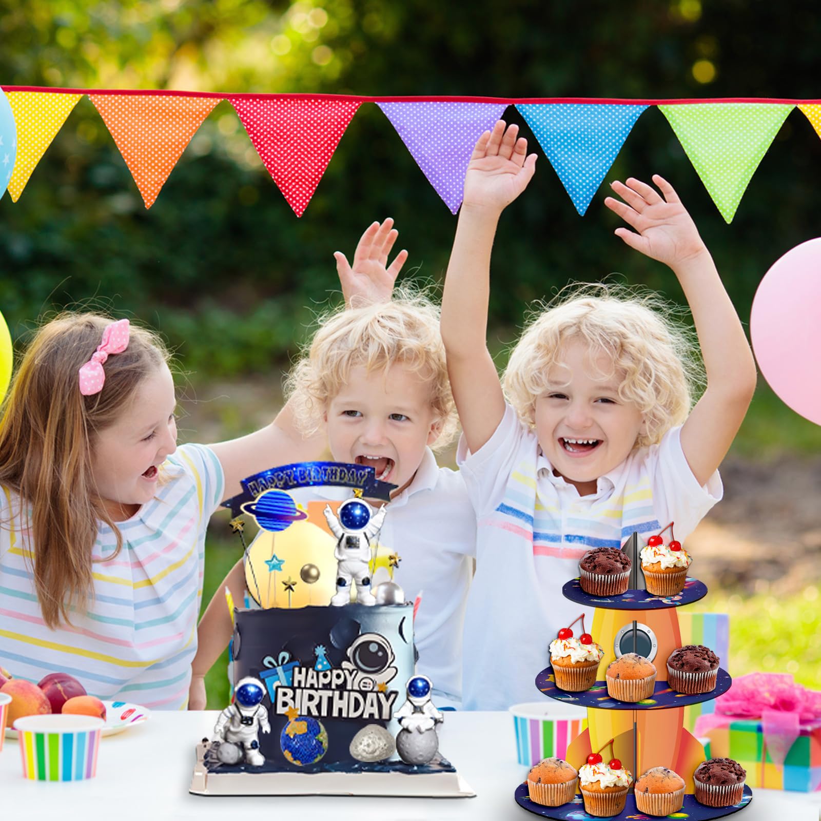 Ayearparty 3 Tier Space Cupcake Stand Astronaut Rocket Outer Space Party Table Decorations Cardboard Cup Cake Holder Solar System Themed Party Supplies for Kids Boys Birthday Baby Shower