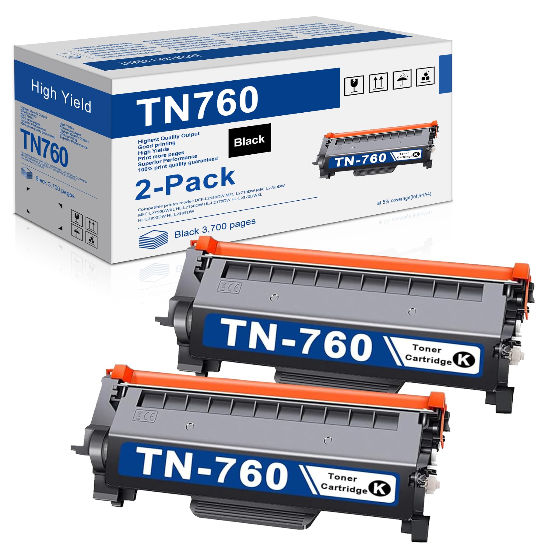 TN-760 TN760 High Yield Toner Cartridge Replacement for Brother TN 760 Toner Cartridge Black for DCP-L2550DW MFC-L2710DW MFC-L2750DW HL-L2350DW HL-L2370DW HL-L2390DW Printer(2-Pack)