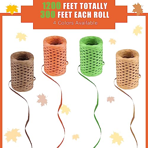 4 Roll Raffia Ribbon 1200 Feet Raffia Paper Ribbon Christmas Thanksgiving Gift for Gift Wrapping, DIY Craft, 300 Feet Each Roll(Green, Orange, Deep Brown, Light Brown)