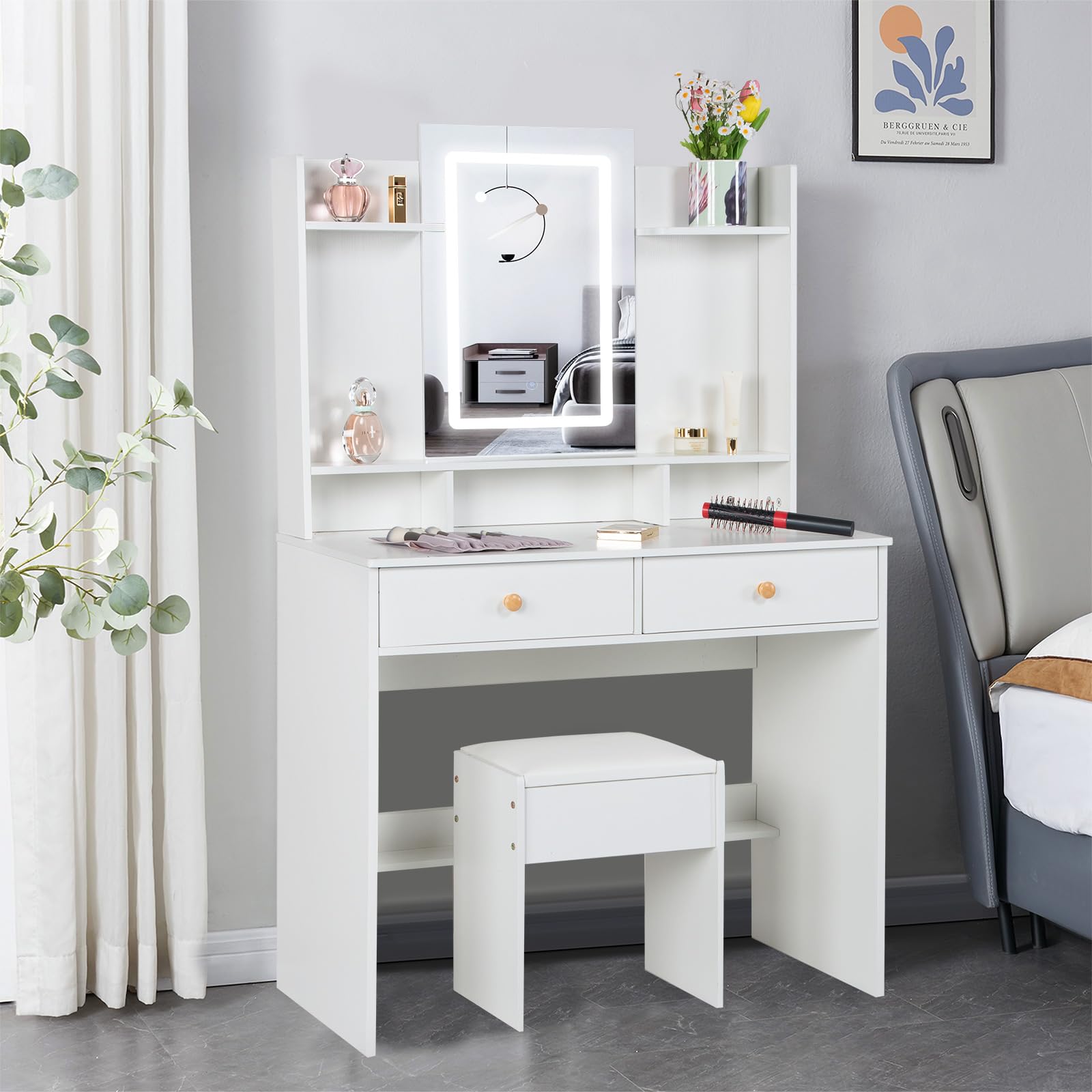 Caulitar Vanity Desk with Mirror and Lights-3 Color and Brightness Adjustable, Vanity Set with Drawers and Chair, White Makeup Vanity Table for Girls