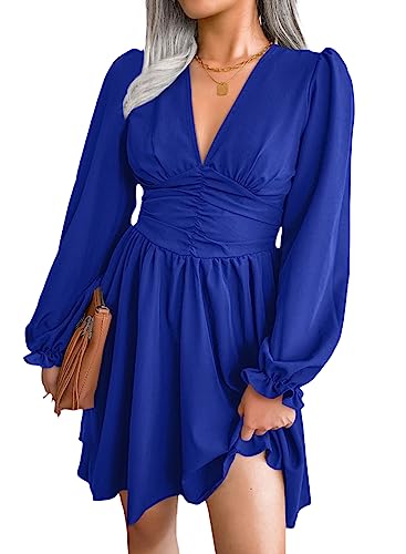 Dokotoo Long Sleeve Dresses for Women 2023 Wedding Guest Sexy Deep V Neck Casual Flowy Short Dress Ruched Stretchy Waist A Line Satin Mini Ladies Vintage Dress for Fall Clothes Outfit Blue Large