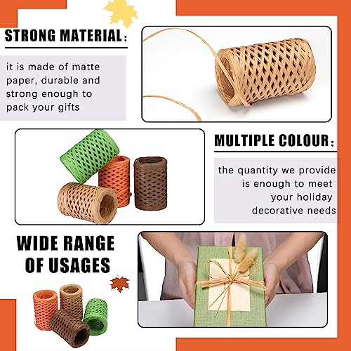 4 Roll Raffia Ribbon 1200 Feet Raffia Paper Ribbon Christmas Thanksgiving Gift for Gift Wrapping, DIY Craft, 300 Feet Each Roll(Green, Orange, Deep Brown, Light Brown)