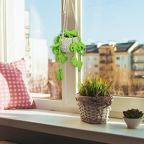 Crochet Hanging Plant for Car Cute Potted Plants Crochet Decor Car Mirror Hanging Accessories Rear View Ornament Hanging Boho Handmade Knitted Pendant (Light Green)
