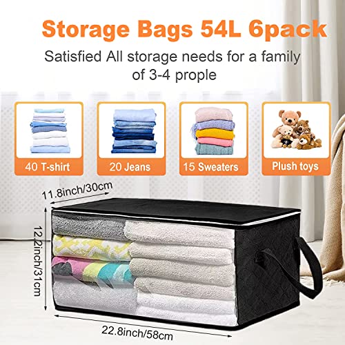 ASANMEYO 6 Pack Clothes Storage, Foldable Blanket Storage Bags, Clothing Storage Containers, Organization and Storage with Lid and Handle, Closet Organizers for Bedroom,Comforters, Toys, Bedding,Black