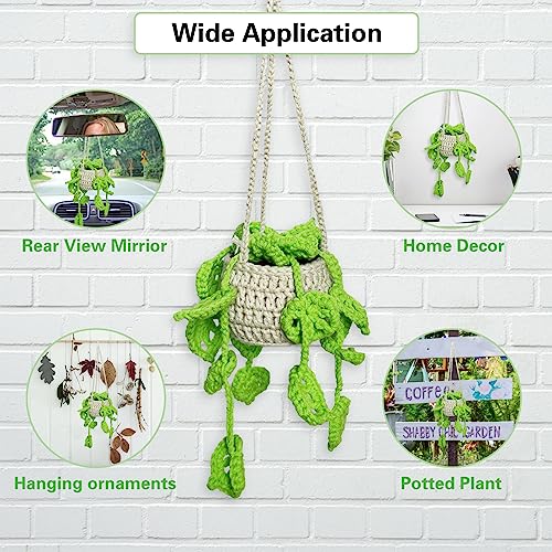Crochet Hanging Plant for Car Cute Potted Plants Crochet Decor Car Mirror Hanging Accessories Rear View Ornament Hanging Boho Handmade Knitted Pendant (Light Green)