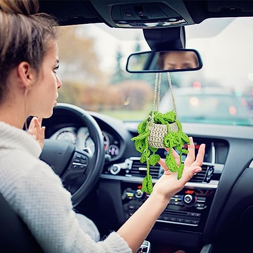 Crochet Hanging Plant for Car Cute Potted Plants Crochet Decor Car Mirror Hanging Accessories Rear View Ornament Hanging Boho Handmade Knitted Pendant (Light Green)