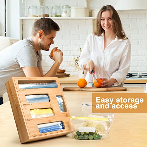 DUJEN Bamboo Ziplock Bag Storage Organizer, Food Storage Bags Container Organizer with Slider, Kitchen Plastic Bags Storage Compatible with Gallon, Quart, Sandwich & Snack Variety Size Bags