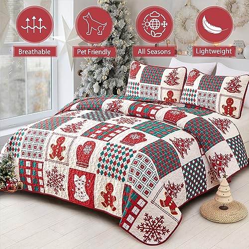 Christmas Quilt Set King,3 Pieces Reversible Christmas Tree Gloves Snowman Snowflake Pattern Bedspread Xmas Plaid Bedding Coverlet with 2 Pillowcases 104”x90”