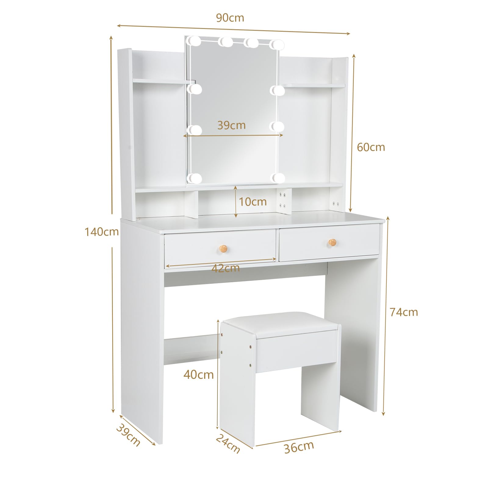 Caulitar Vanity Desk with Mirror and Lights-3 Color and Brightness Adjustable, Vanity Set with Drawers and Chair, White Makeup Vanity Table for Girls