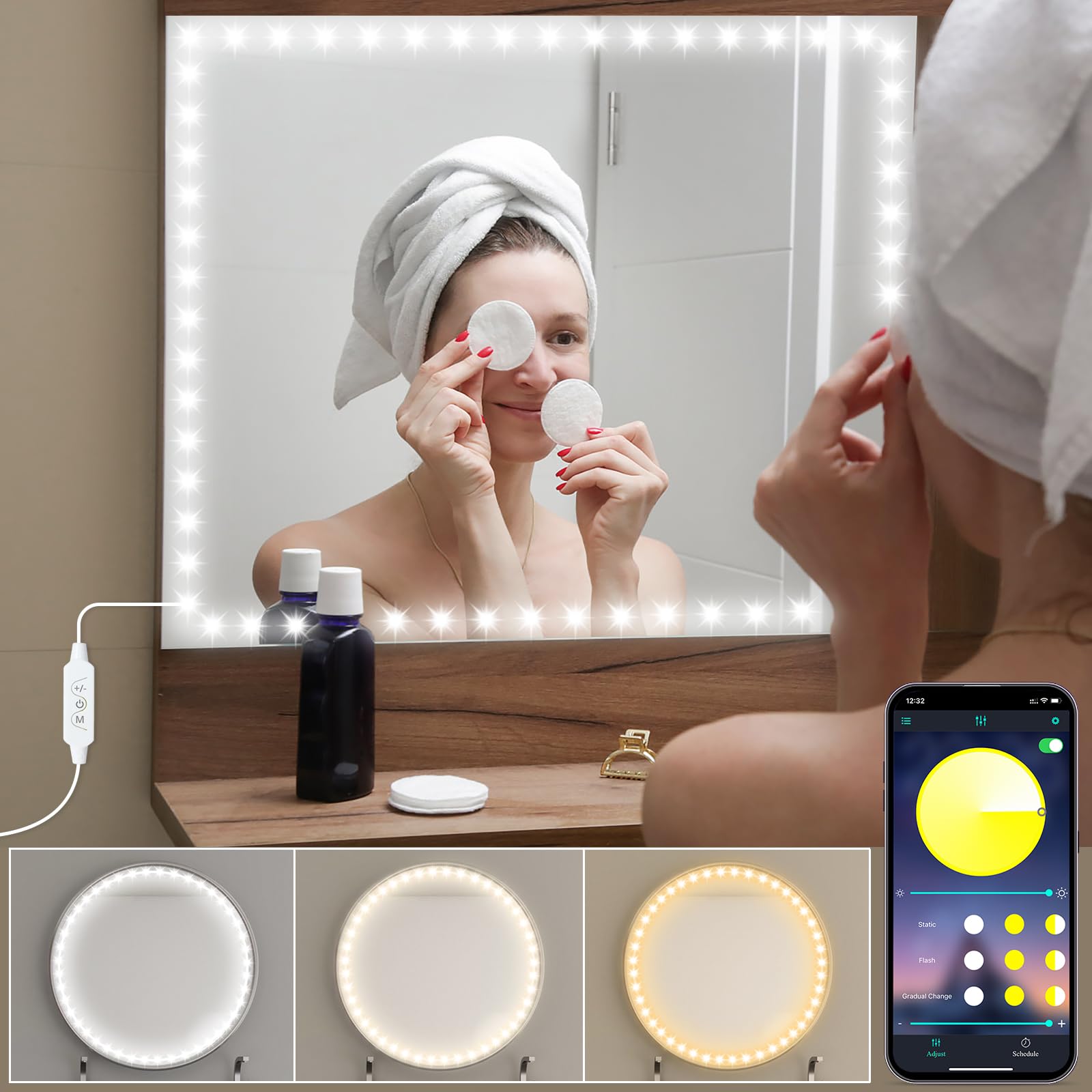 MATICOD Vanity Lights for Mirror, 13FT Color & Brightness Dimmable LED Lights for Mirror Lights with Button/App Control Makeup Light Vanity Light