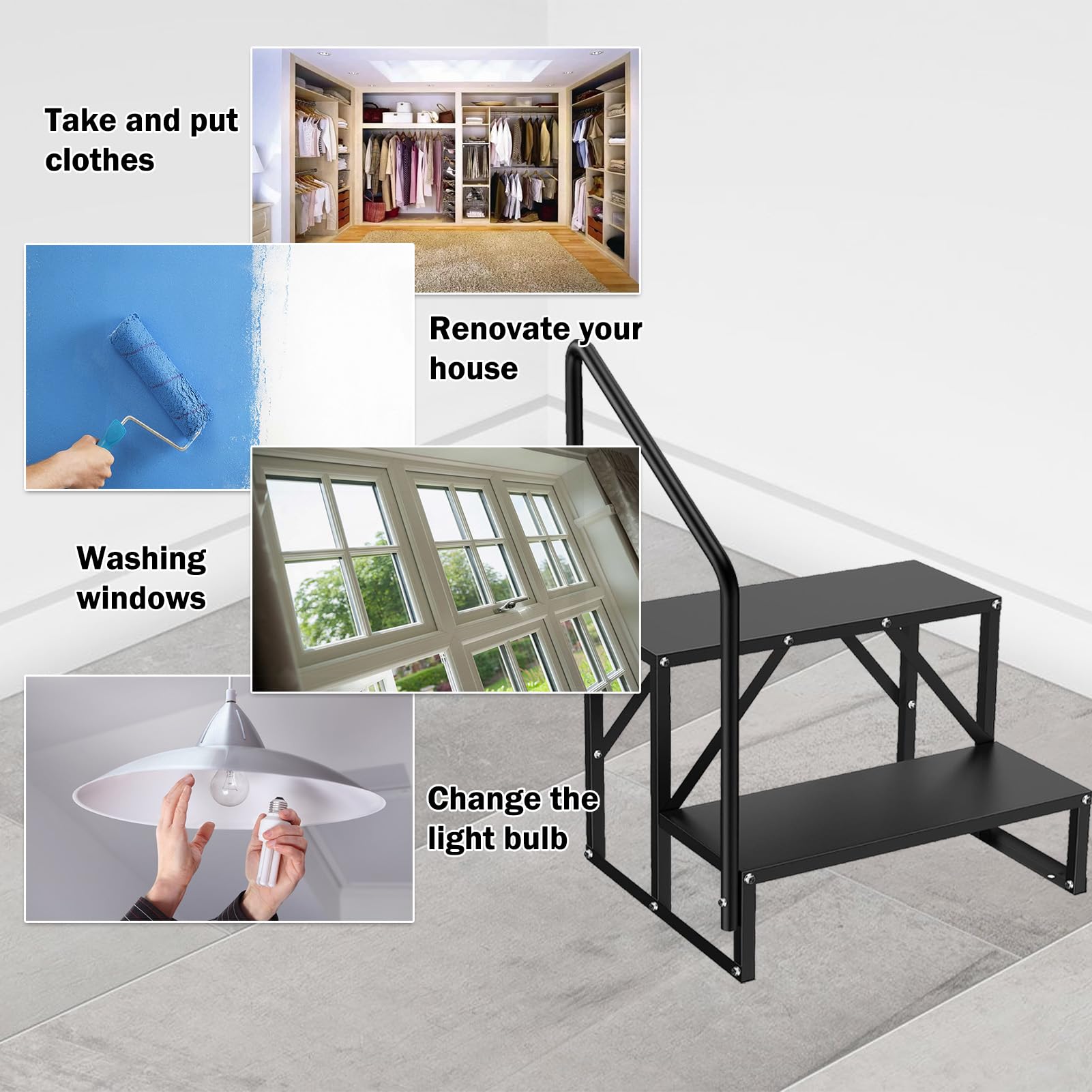 Fruyyzl 2 Step Stool Ladder for Adults, Safety Ladder Bookshelf 440Lbs, Hot Tub Stairs with Handrail, Swimming Pool Ladder Above Ground, Home Decor for Office, Household, Kitchen (2 Step 1PCS)