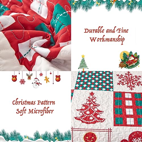 Christmas Quilt Set King,3 Pieces Reversible Christmas Tree Gloves Snowman Snowflake Pattern Bedspread Xmas Plaid Bedding Coverlet with 2 Pillowcases 104”x90”
