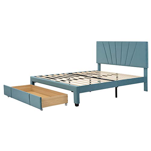 Lifeand Queen Size Storage Bed Velvet Upholstered Platform Bed with a Big Drawer - Blue