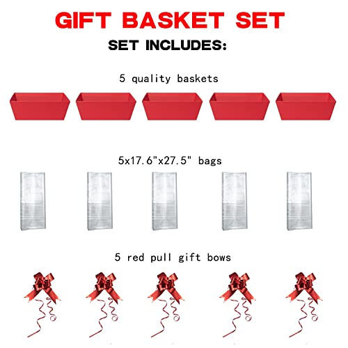 Basket For Gifts Empty, 5 Pack Sturdy Empty Gift Basket Kit With Handles, Red Cardboard Empty Gift Baskets To Fill Bulk For Holiday, Birthday, Christmas, Valentines Day And Any Occasion