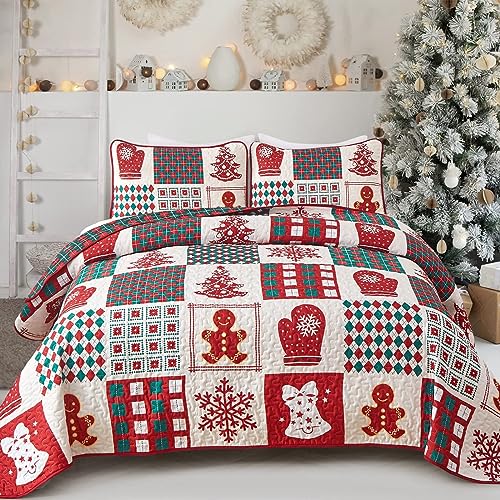 Christmas Quilt Set King,3 Pieces Reversible Christmas Tree Gloves Snowman Snowflake Pattern Bedspread Xmas Plaid Bedding Coverlet with 2 Pillowcases 104”x90”