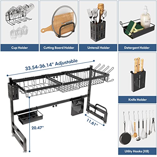 Over The Sink Dish Drying Rack, 2-Tier Adjustable Length(33.5-36.2in) Dish Rack Sink Shelf, Expandable Large Stainless Steel Dish Drainer for Kitchen Counter Organizer Space Saver with 8 Hooks