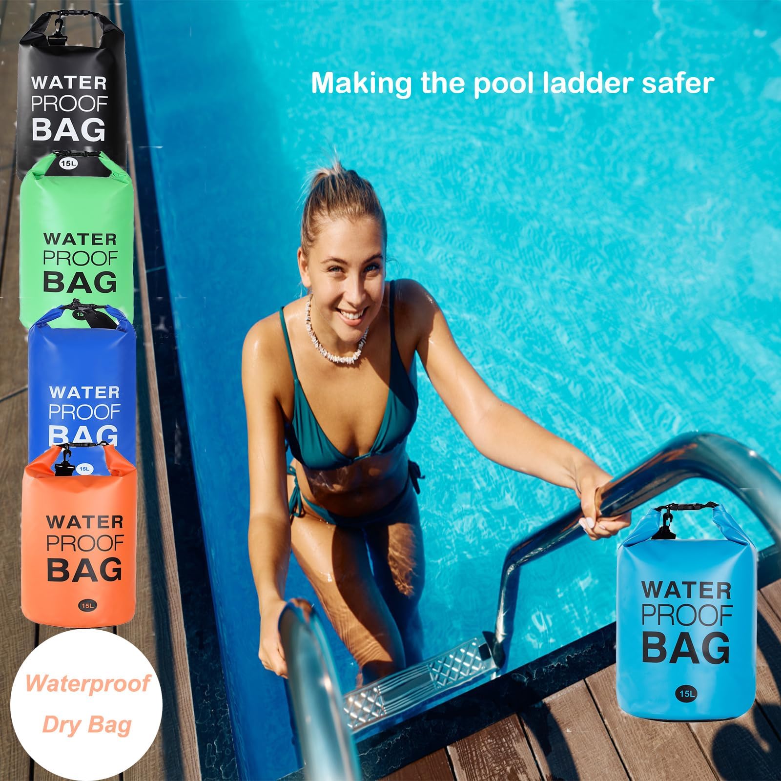 TWOZOZO Pool Ladder Weights 15L PVC Waterproof Dry Bag, Swimming Pool Ladder and Step Weight, Durable Sandbag Kayak Dry Bag Canoe Trip Bag, Work with Above-Ground/In-Ground Pool Steps(Lake blue)