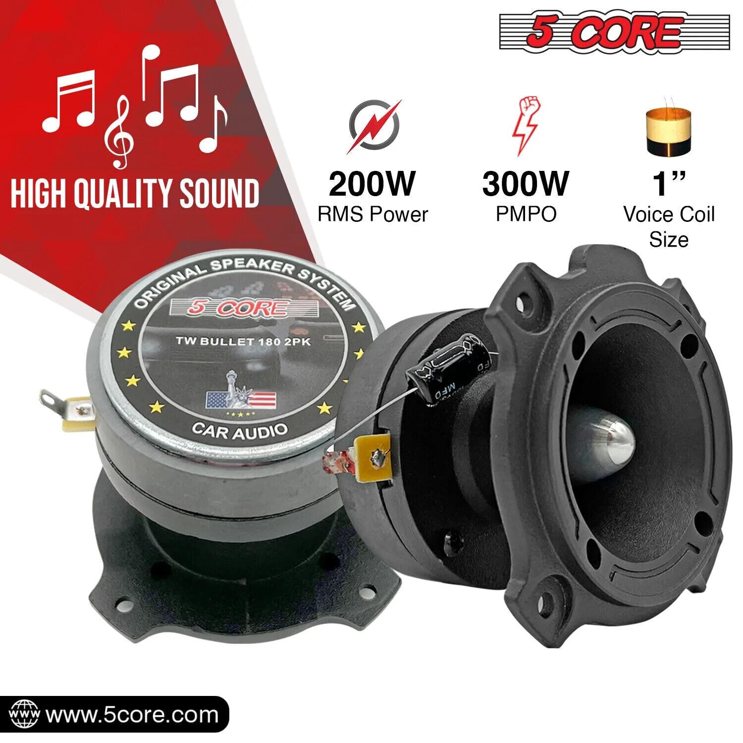5 CORE 6.5" Inch Mid-Range Replacement Pro Audio Car Speaker 1600W Max 4 Ohms and 2.8 Inch Super Tweeter 2 Pieces - MR6.5-4oHMX2Pcs+TW-BULLET180X2Pcs