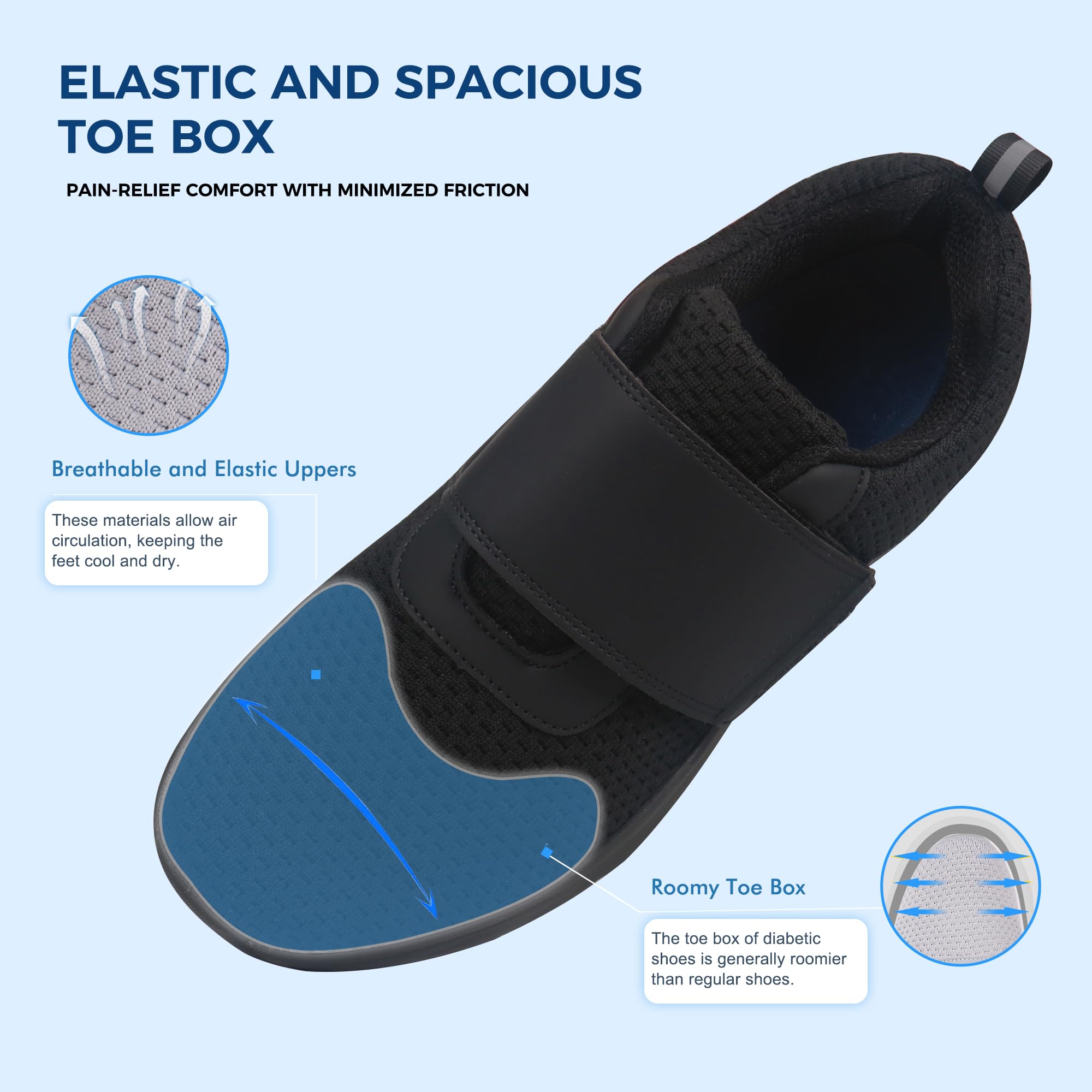 Ortho+rest Men Diabetic Walking Shoes Edema Shoes for Swollen Feet Arch Support Orthopedic Sneakers (11,Black)