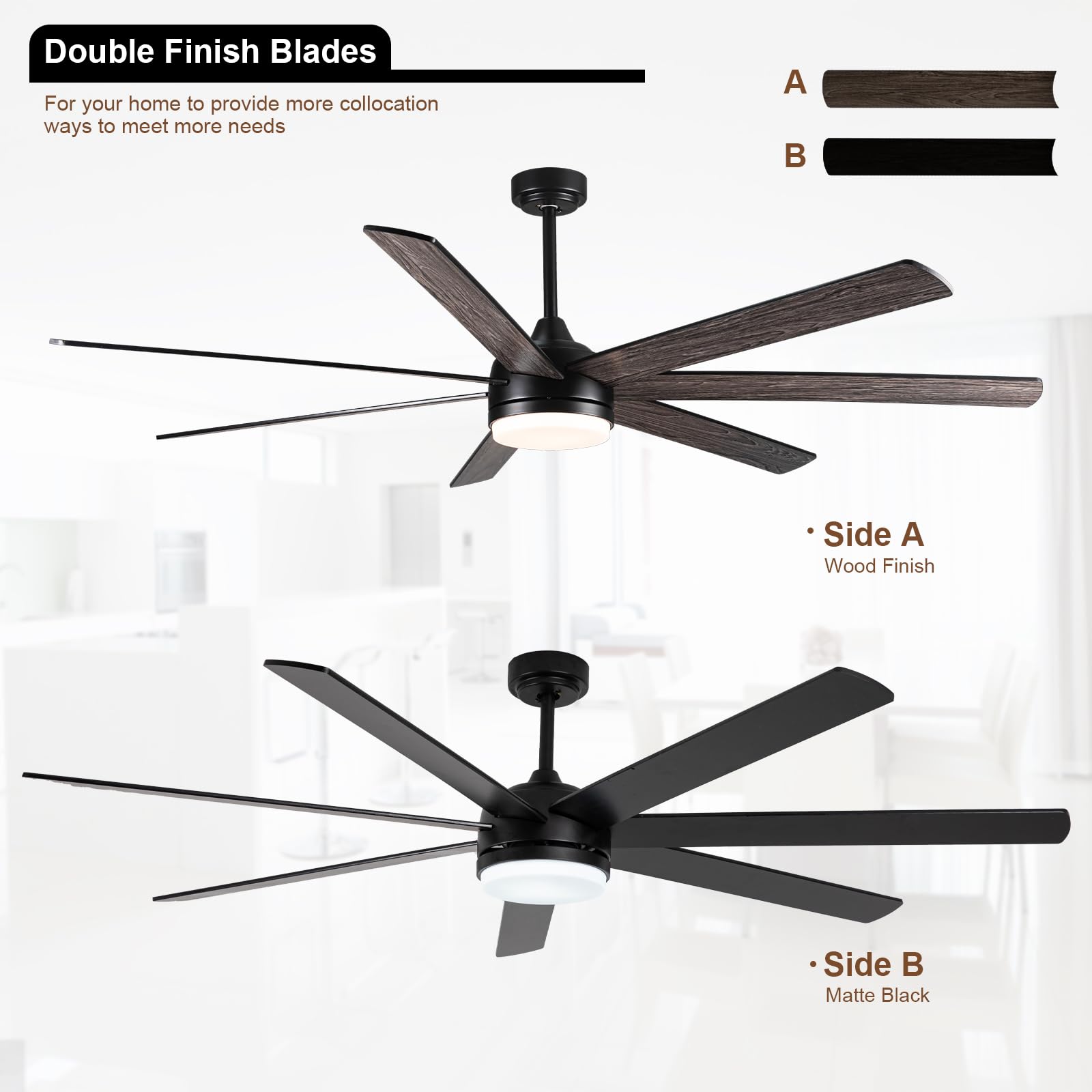 Viossn 62 Inch Outdoor Ceiling Fan with Lights, 7 Reversible Blades, Dimmable, Black with 6" & 12" Downrods for Bedroom, Living Room, Patio
