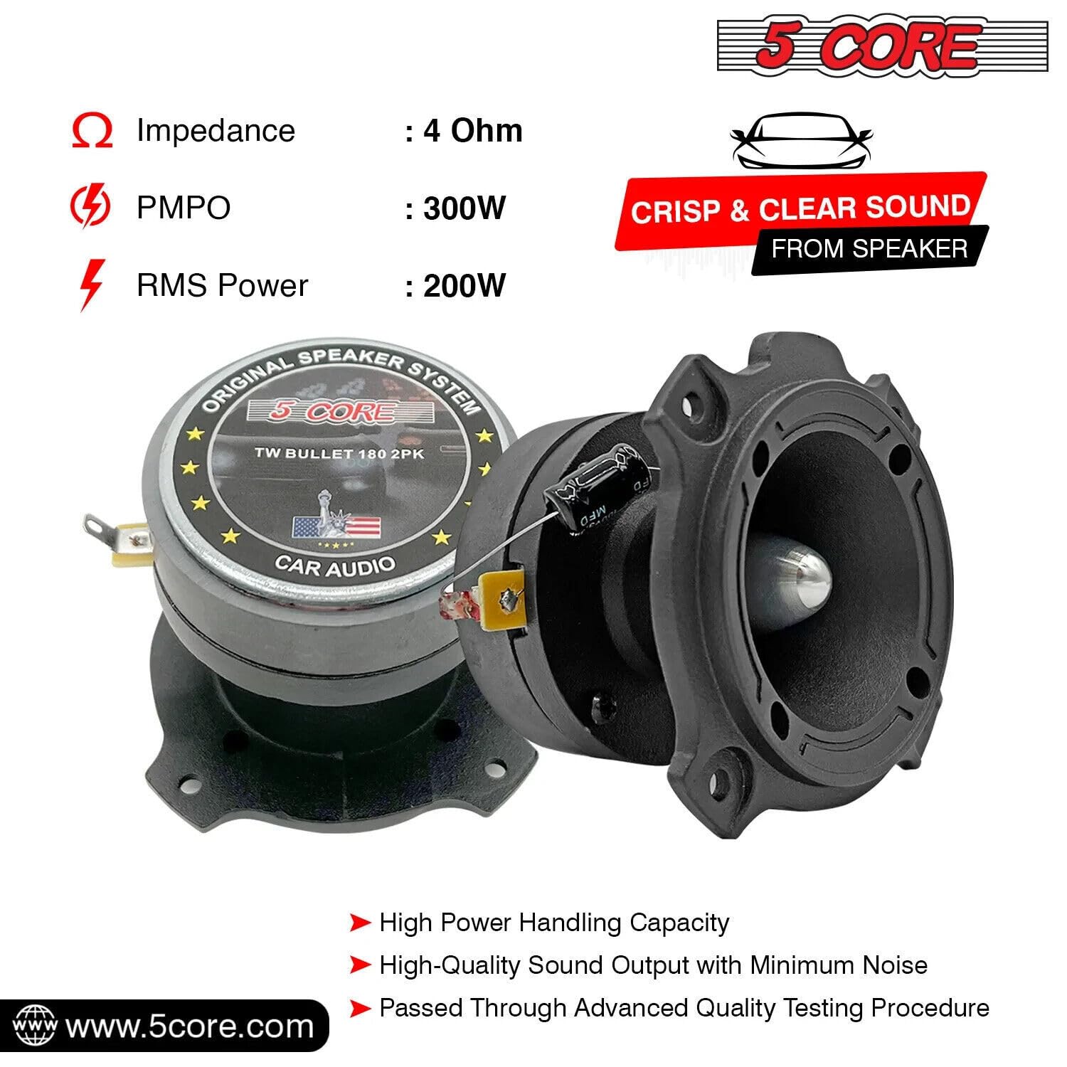 5 CORE 6.5" Inch Mid-Range Replacement Pro Audio Car Speaker 1600W Max 4 Ohms and 2.8 Inch Super Tweeter 2 Pieces - MR6.5-4oHMX2Pcs+TW-BULLET180X2Pcs