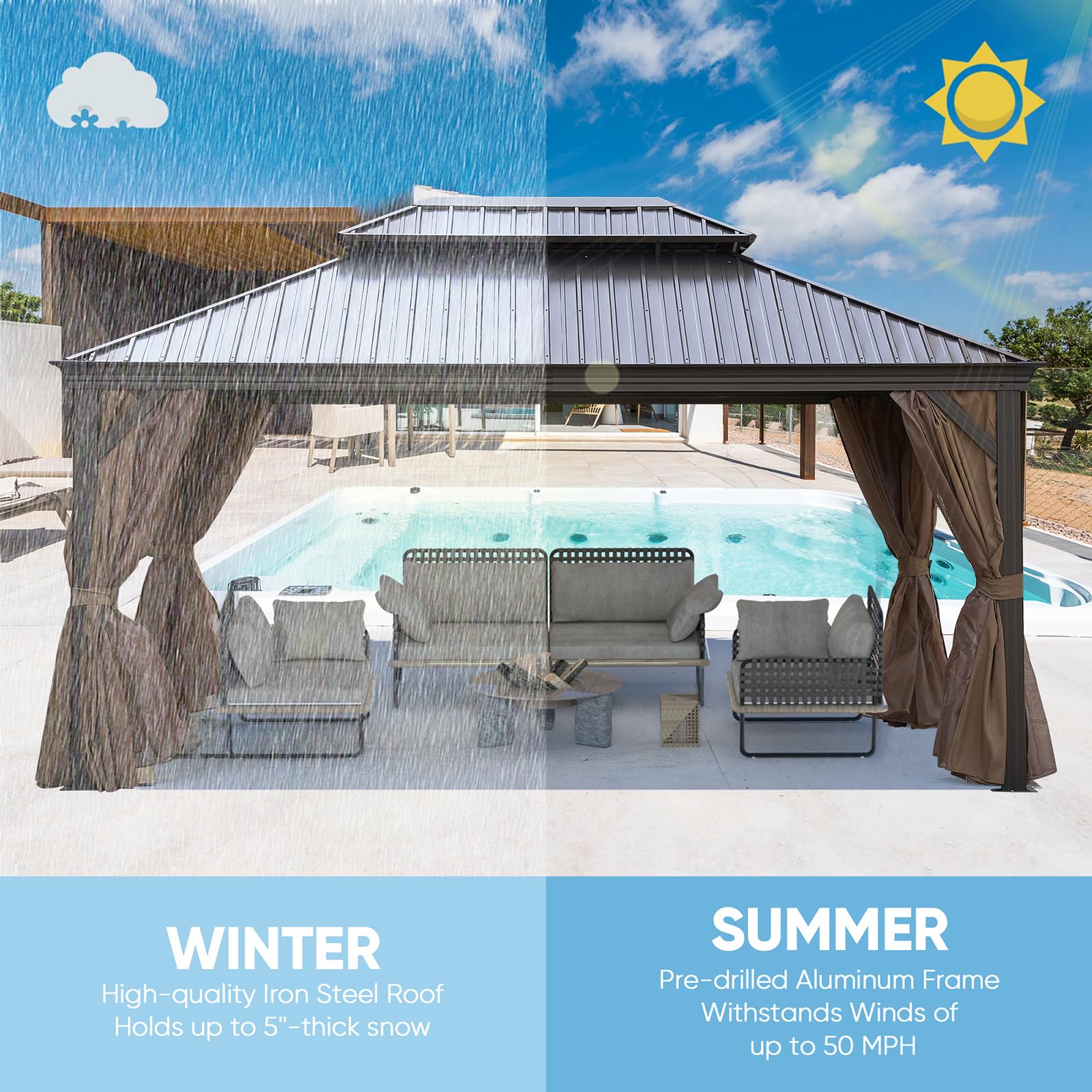 12’ X 12’ Hardtop Gazebo Double Roof Galvanized Steel Combined of Vertical Stripes Canopy Outdoor Aluminum Frame Patio Permanent Metal Pavilion with Nettings and Curtains for Deck Backyard Lawn Garden