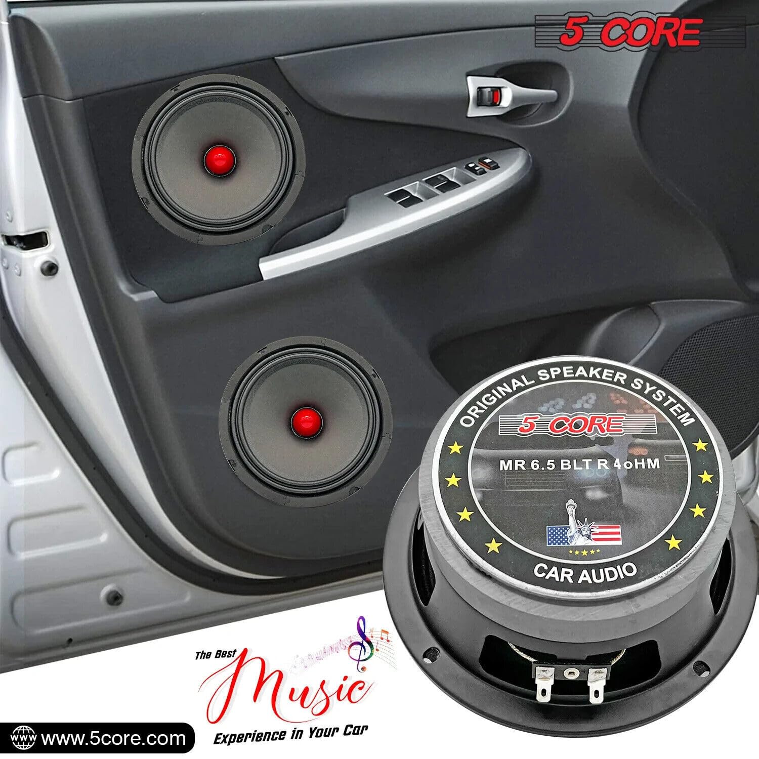 5 CORE 6.5" Inch Mid-Range Replacement Pro Audio Car Speaker 1600W Max 4 Ohms and 2.8 Inch Super Tweeter 2 Pieces - MR6.5-4oHMX2Pcs+TW-BULLET180X2Pcs