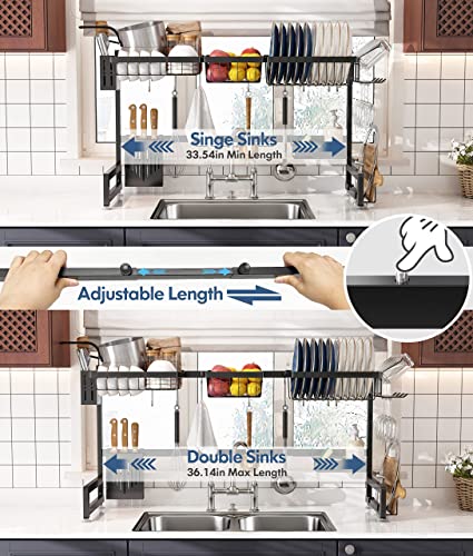 Over The Sink Dish Drying Rack, 2-Tier Adjustable Length(33.5-36.2in) Dish Rack Sink Shelf, Expandable Large Stainless Steel Dish Drainer for Kitchen Counter Organizer Space Saver with 8 Hooks