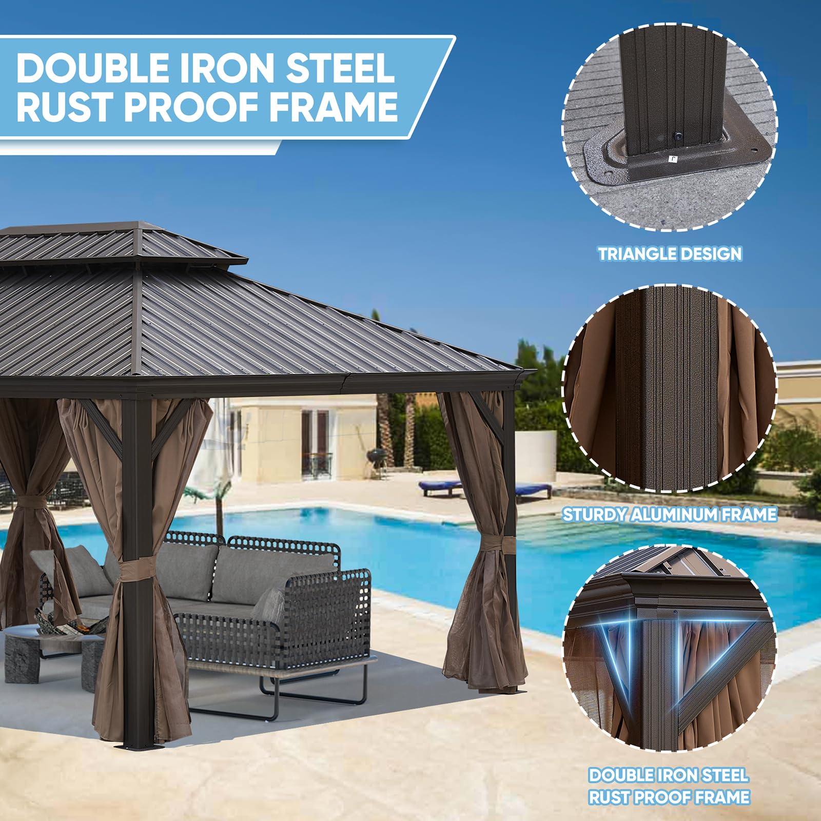 12’ X 12’ Hardtop Gazebo Double Roof Galvanized Steel Combined of Vertical Stripes Canopy Outdoor Aluminum Frame Patio Permanent Metal Pavilion with Nettings and Curtains for Deck Backyard Lawn Garden