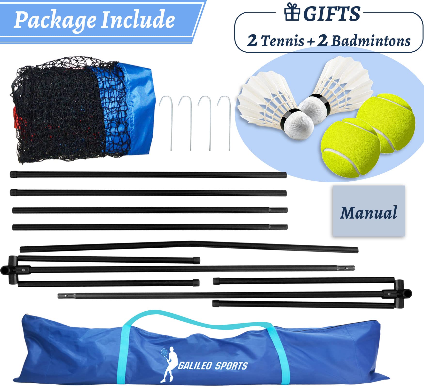Gagalileo Pickleball Net, Portable Pickleball Net System, Adjustable Height Nylon Net with Carry Bag, 10x5.2 FT Suitable for Kids and Multiplayer Sports, Easy Setup