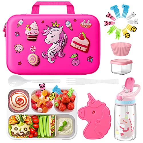 TIME4DEALS Unicorn Insulated Lunch Bag Set Bento Lunch Box for Kids, Bento-Style Leakproof 4 Compartments Lunch Container Water Bottle Ice Pack Muffin Cup Spoon Bento Box Set Kid Toddler School Lunch
