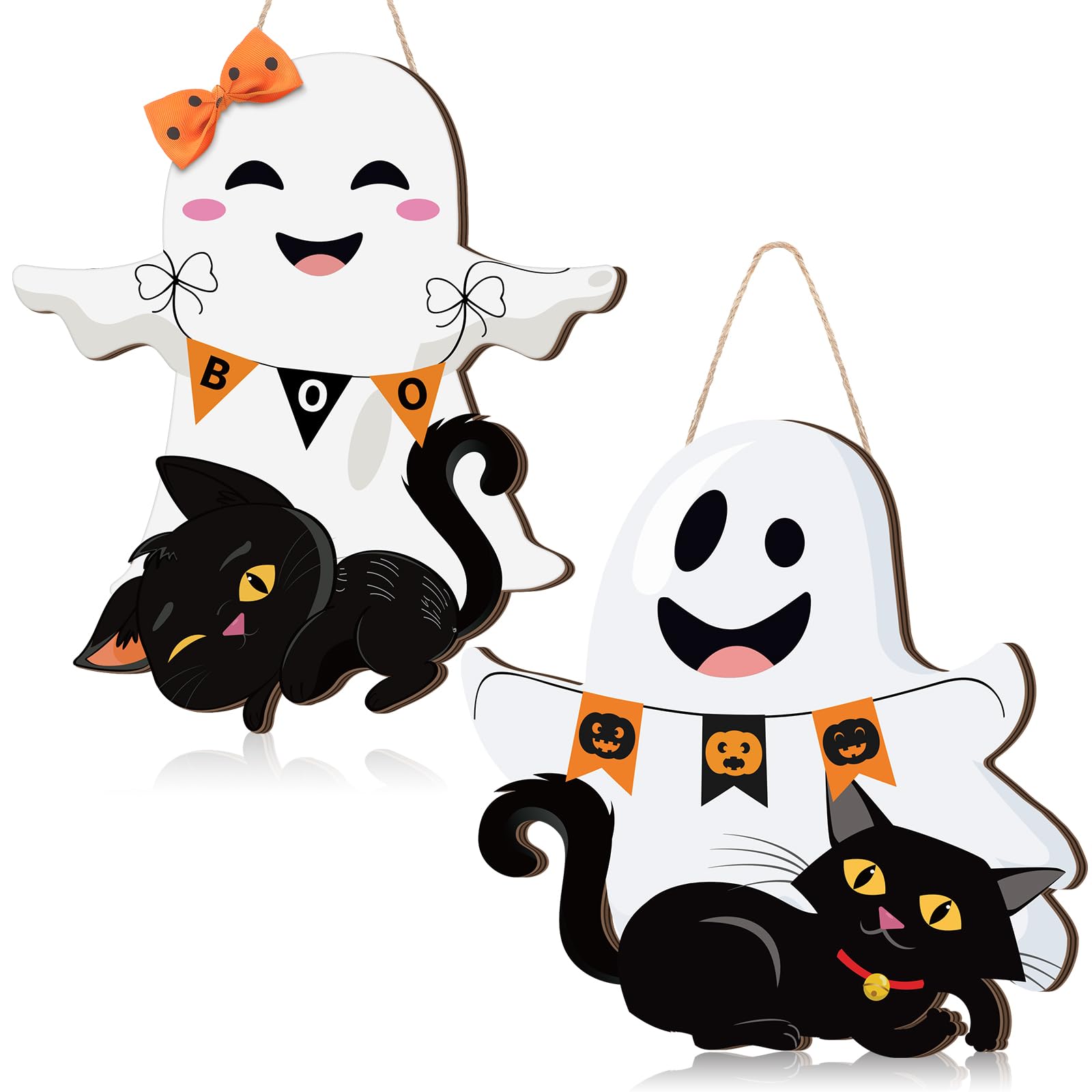 Leinuosen 2 Pcs Halloween Ghost Witch Door Sign Boo Decorations Happy Halloween Front Door Hanger Wreath Decor Black Cat Pumpkin Wooden Hanging Sign for Halloween Party Supplies(Ghost)