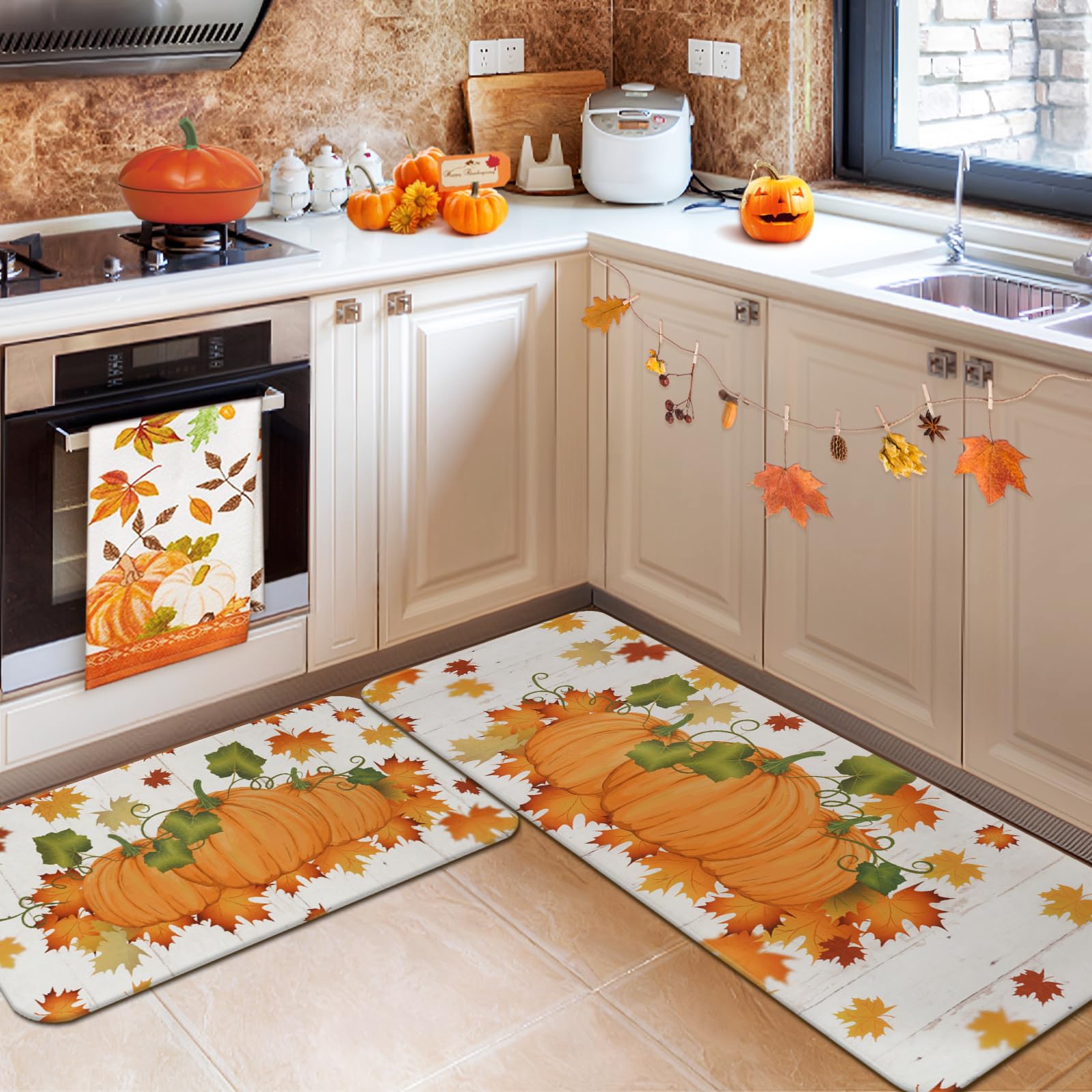 Alishomtll Fall Kitchen Mats for Floor, Set of 2 Autumn Pumpkin Kitchen Mats, Autumn Home Decor Kitchen Rugs for Fall, Thanksgiving, 17x30 and 17x47 Inch