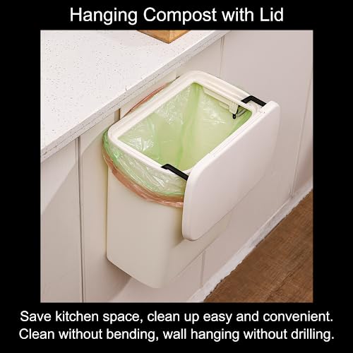 Hanging Kitchen Trash Can,2.4 Gallon Waste Bin with Lid for Kitchen,Small Plastic Compost Bin for Counter Top or Under Sink,Mountable Garbage Can for Bedroom,Bathroom, Cabinet,Car and Office,White