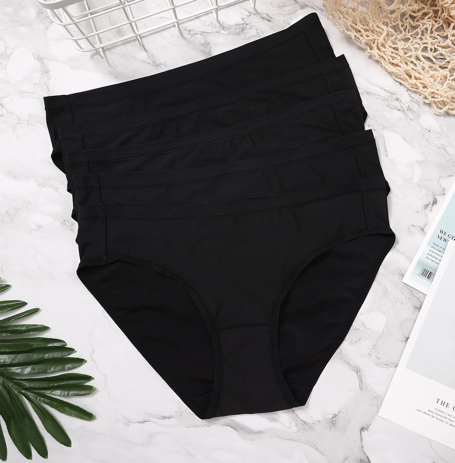 RHYFF Womens Underwear Breathable Mesh Bikini Panties Stay Fresh Ladies Panty Stretches Soft Hipster Briefs Travel Underpants(R7002-Black-XL)