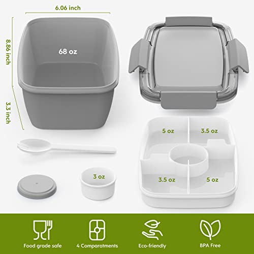 Cherrysea 2Pack Salad Lunch Container, 68oz Salad Bowls with 4 Compartments Tray,Leak Proof Lunch Box with Fork for Men,Women BPA-Free Snack Container with Sauce Container for Dressings-Grey