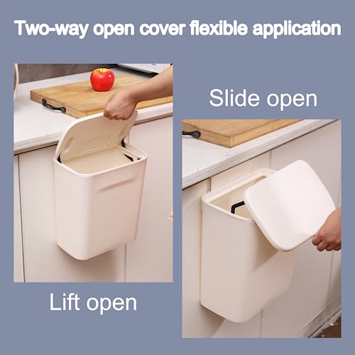 Hanging Kitchen Trash Can,2.4 Gallon Waste Bin with Lid for Kitchen,Small Plastic Compost Bin for Counter Top or Under Sink,Mountable Garbage Can for Bedroom,Bathroom, Cabinet,Car and Office,White